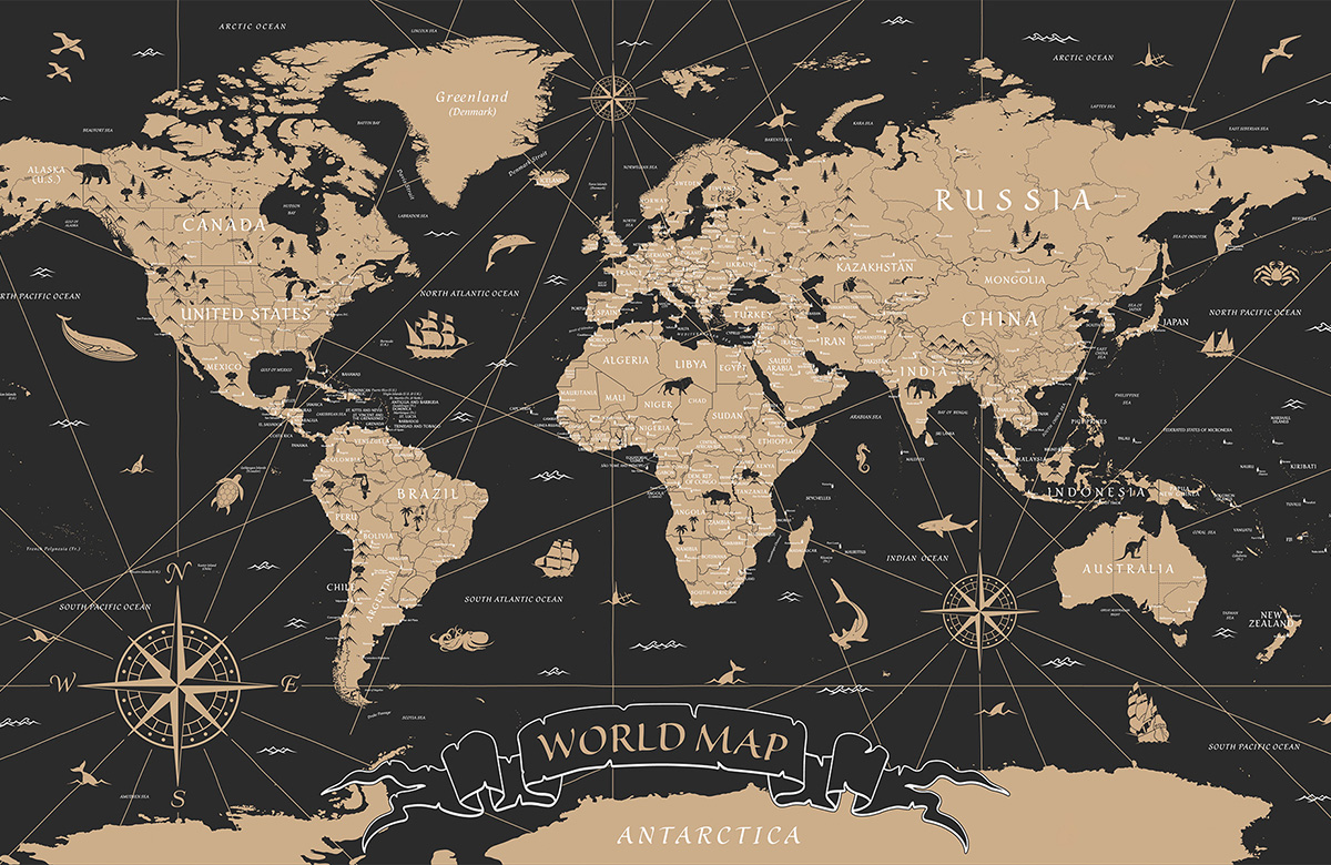 Black and White World Map Wallpaper | Morphico