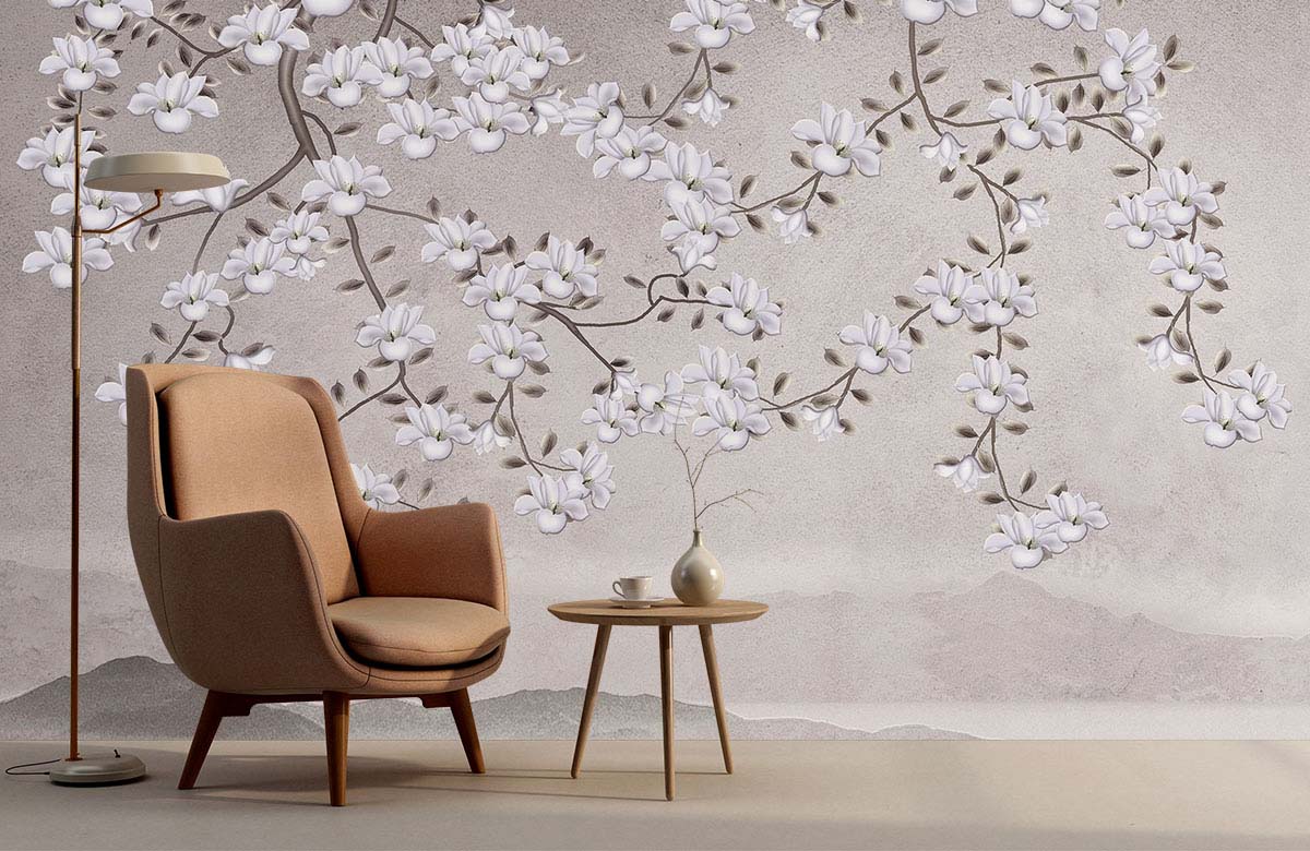 White Floral Leaves Chinoiserie Wallpaper For Walls | Morphico