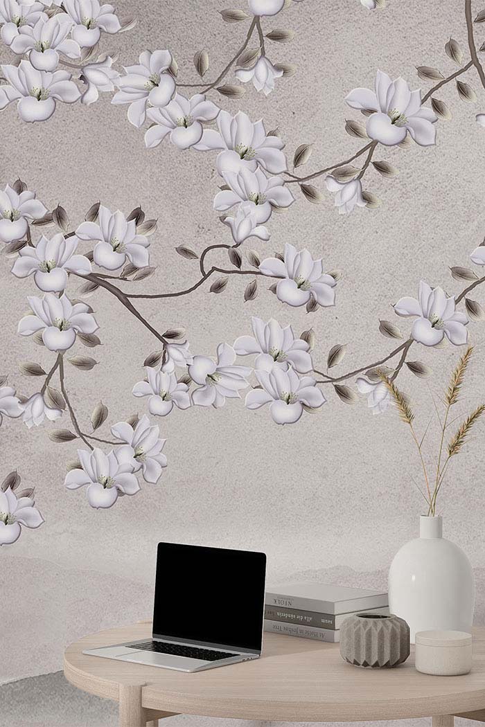 White Floral Leaves Chinoiserie Wallpaper For Walls | Morphico