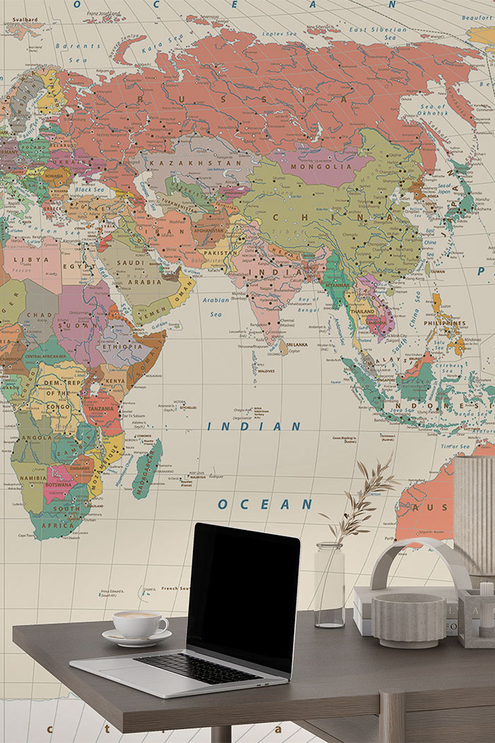Beige World Map Wallpaper Décor | Morphico