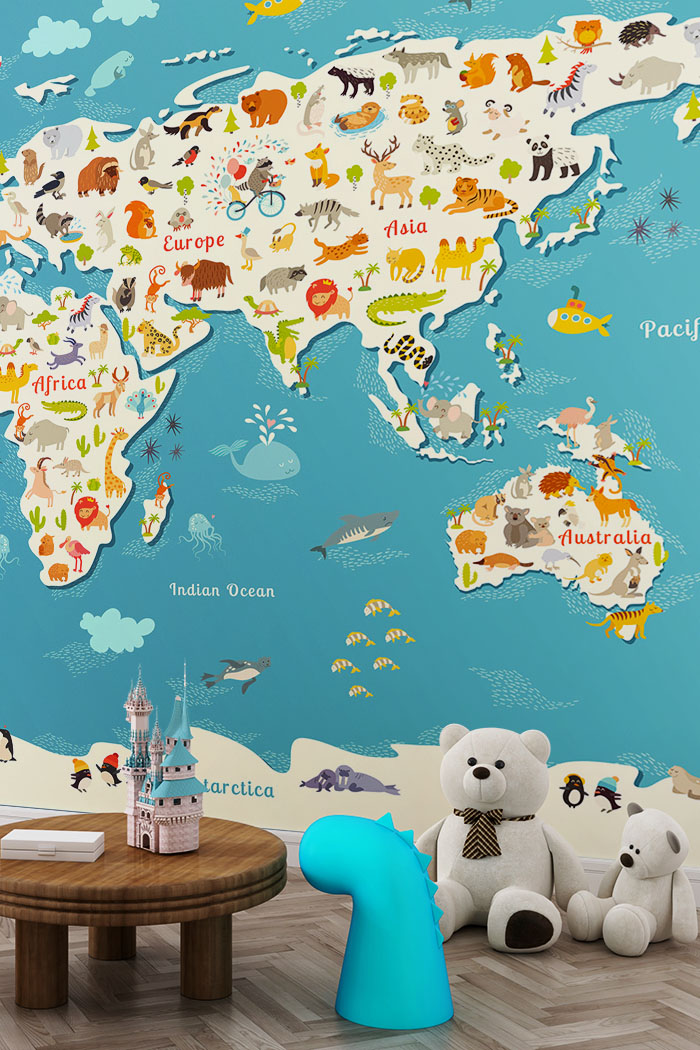 Cute Animals World Map Kids Room Wallpaper | Morphico
